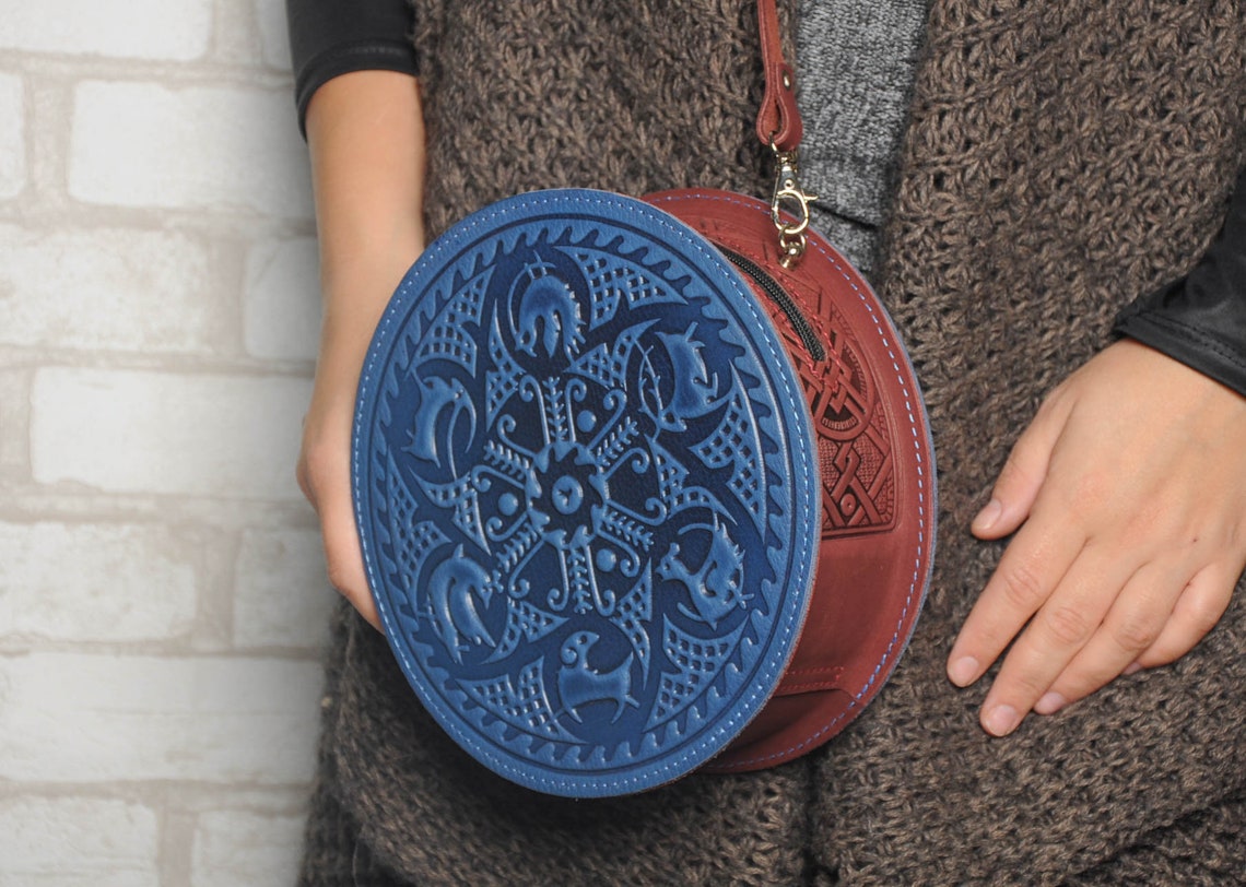 Blue round bag blue leather purse women round bags leather | Etsy