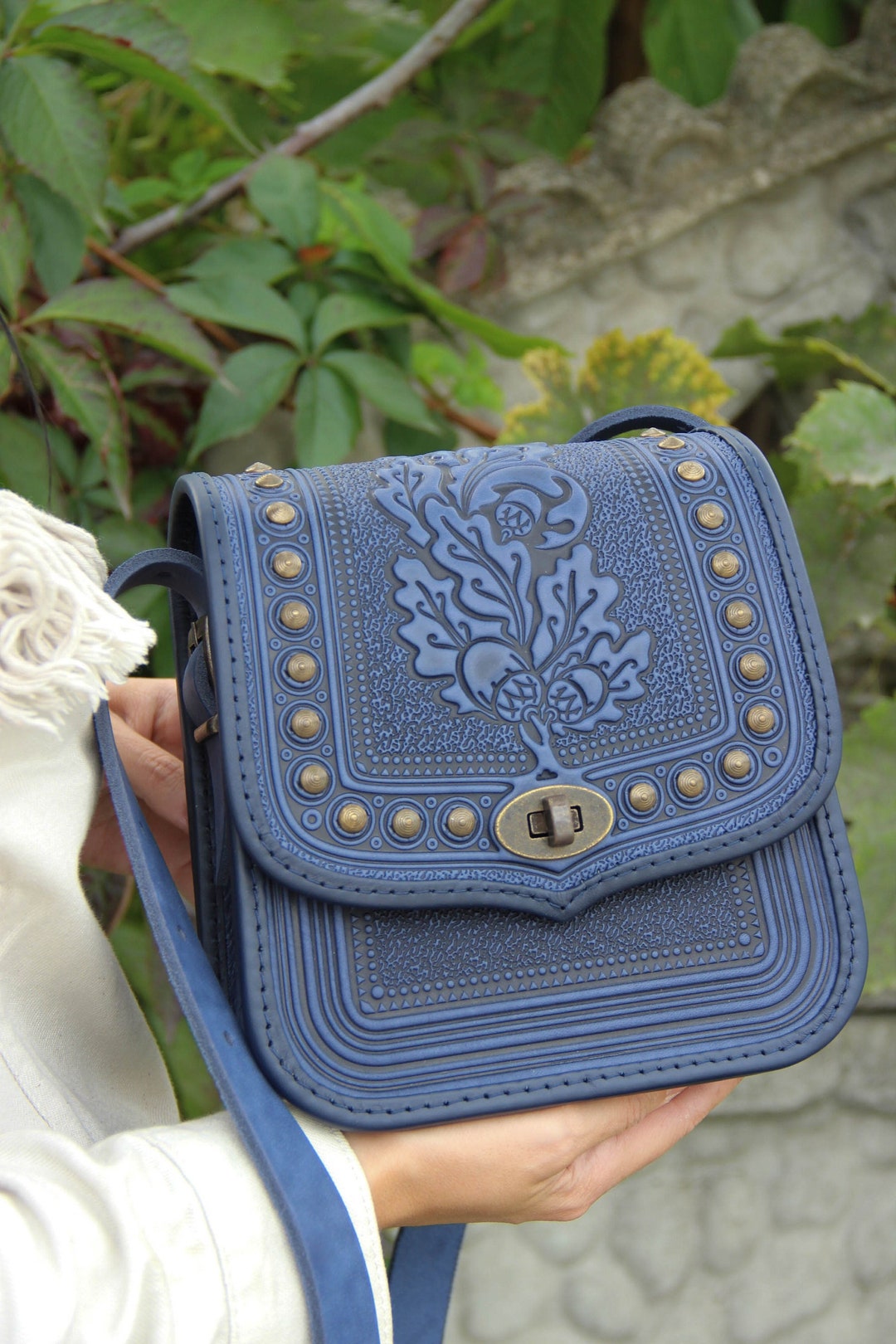 Blue Leather Crossbody Bag: Hot Tooled Oak Leaf Design - Etsy
