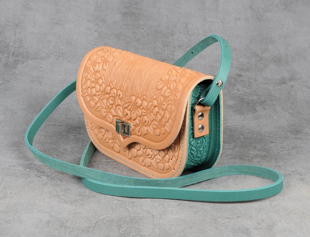 Beige/turquoise Shoulder Bag, Leather Mini Purse, Embossed Leather ...