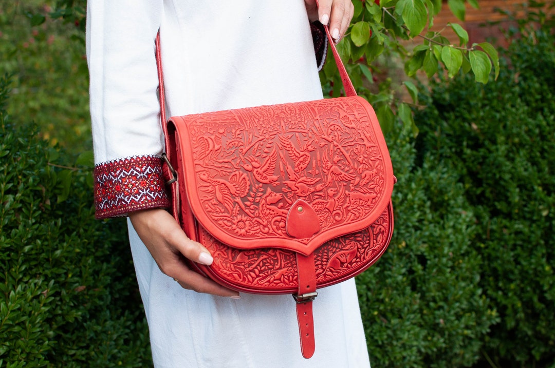 Red Messenger Bag, Big Leather Purse, Hot Tooled Purse, Red Crossbody ...