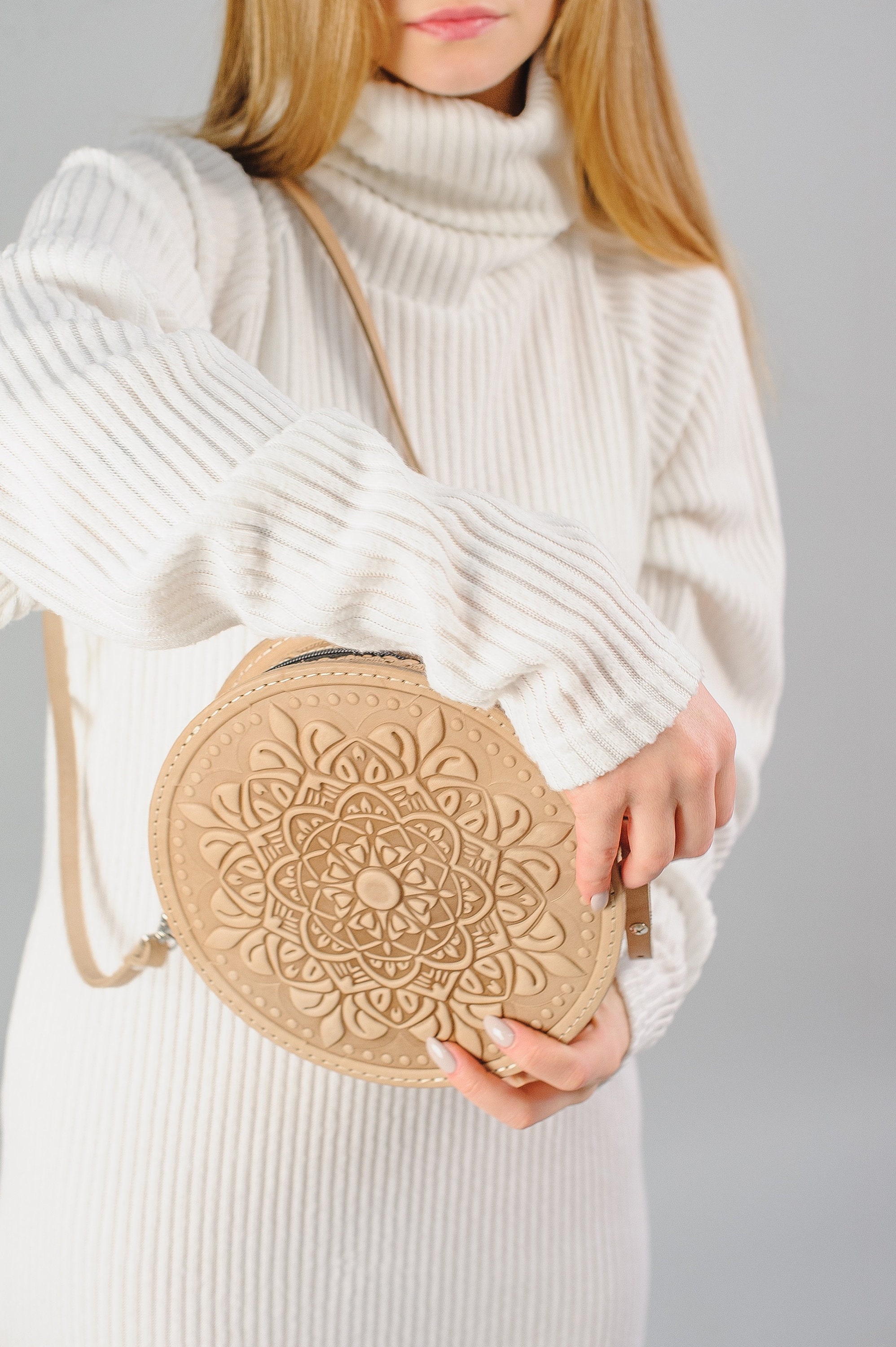 Beige round bag women round bags beige leather purse | Etsy