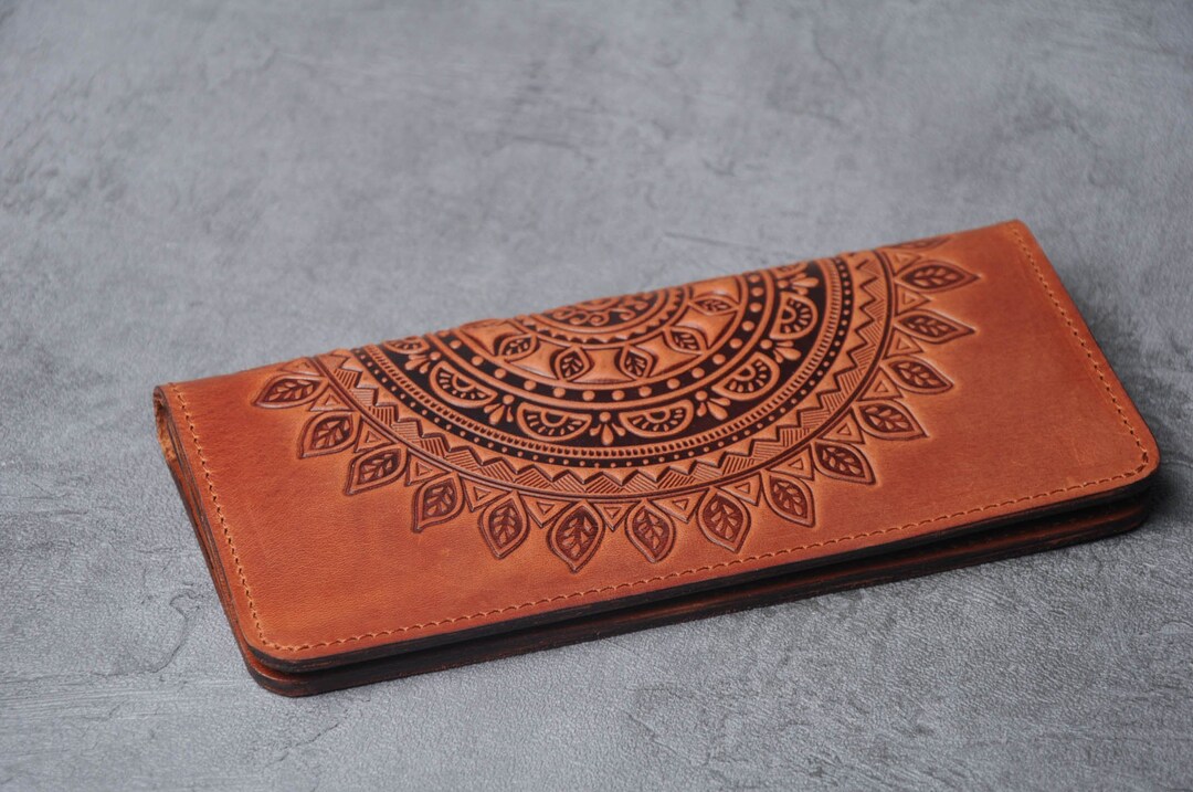 Embossed Mandala Brown Leather Wallet: Soft Full Grain Clutch - Etsy