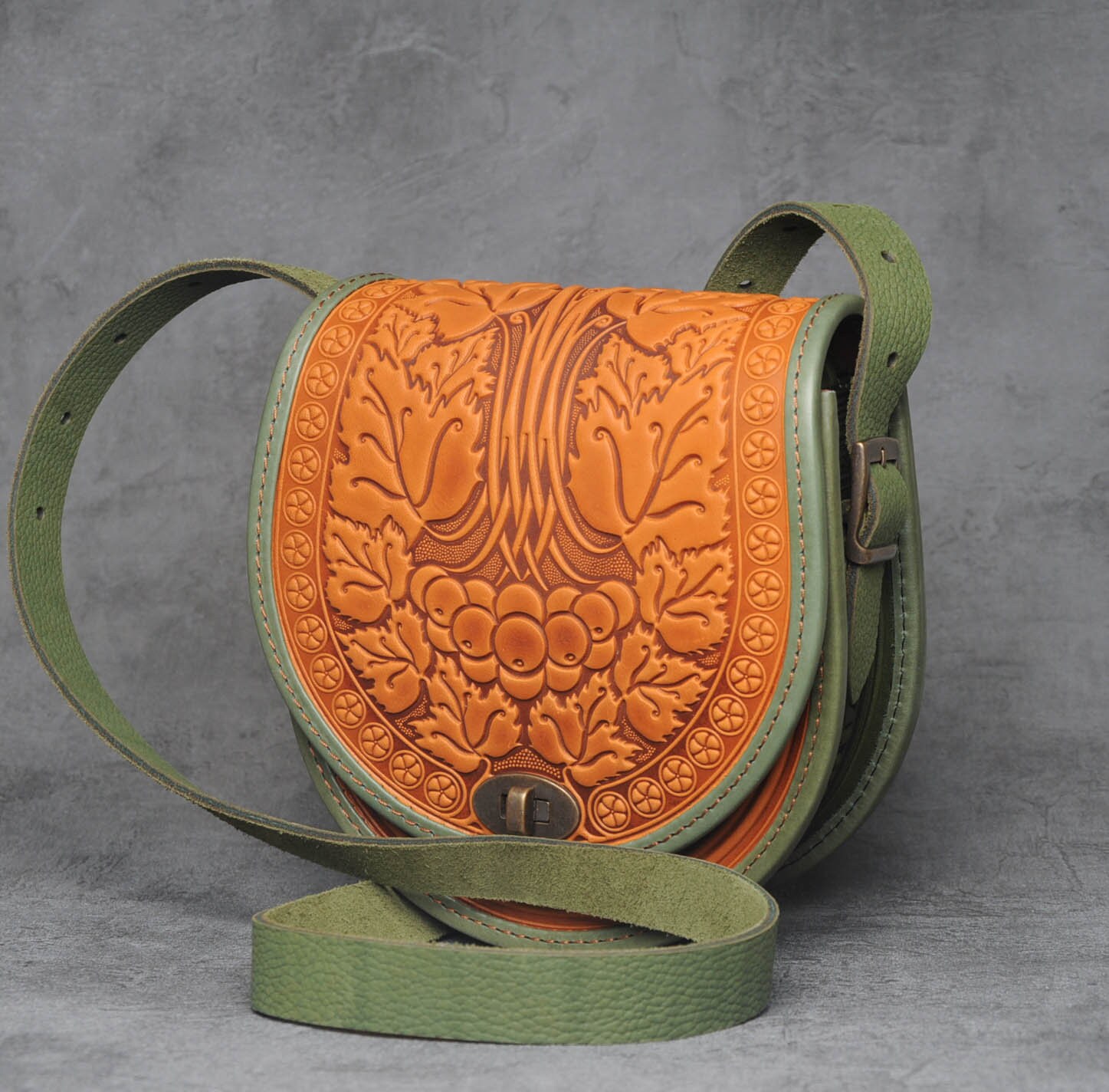 Foxy/olive Crossbody Bag Round Leather Bag Bright Leather | Etsy