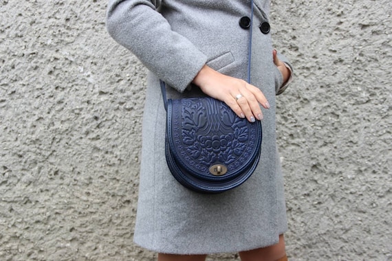 Blue crossbody bag round leather bag blue leather purse | Etsy