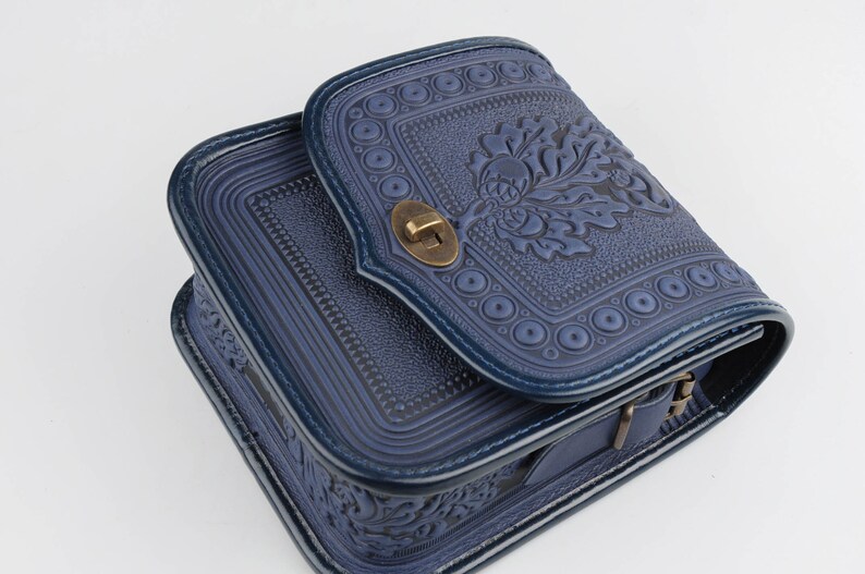 Blue leather purse hot tooled leather embossed leather bag | Etsy