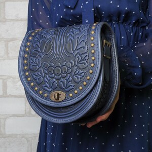 Blue Bag With Metal Round Leather Bag Embossed Bag Blue - Etsy