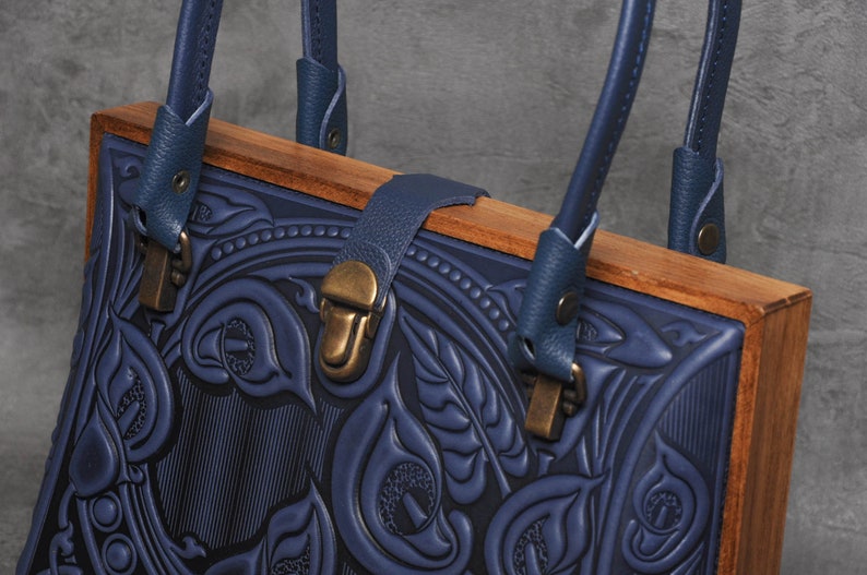 Blue Leather Evening Purse Leather Purse With Wooden Frame - Etsy
