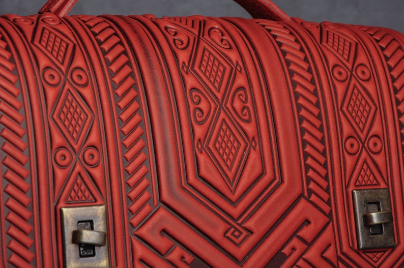 Red Leather Satchel Bag Genuine Leather Bag Embossed Leather - Etsy