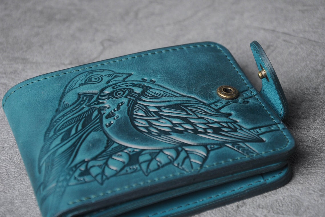 Leather wallet Birds embossed leather small wallet teal | Etsy