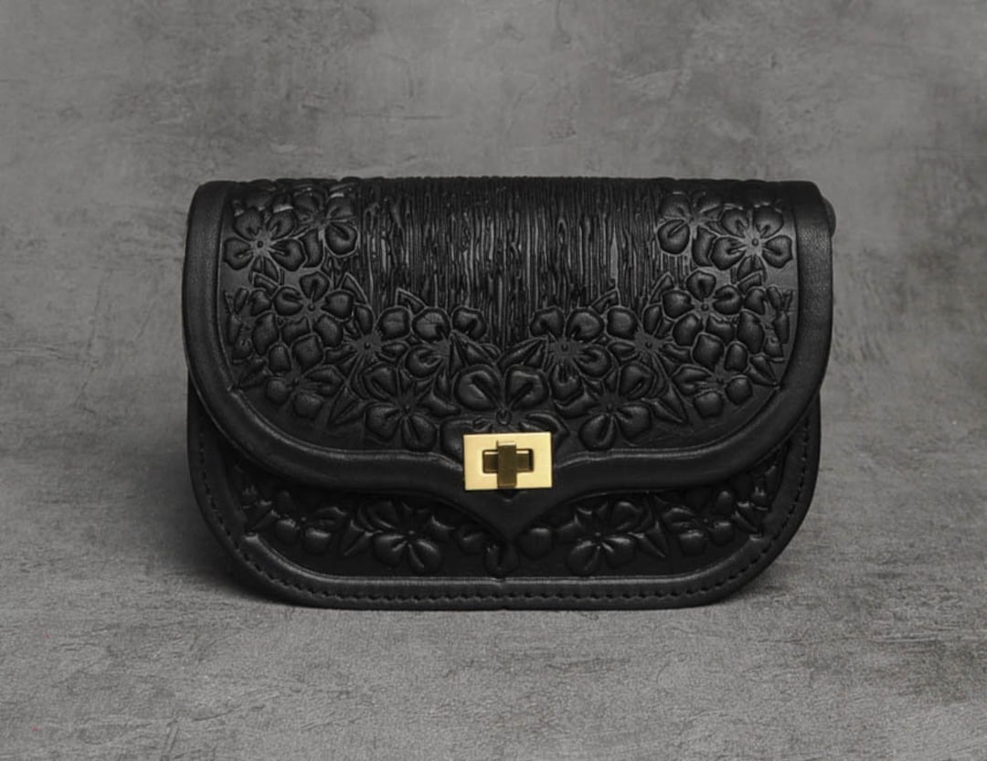 Black Leather Mini Purse, Black Shoulder Bag, Embossed Leather ...