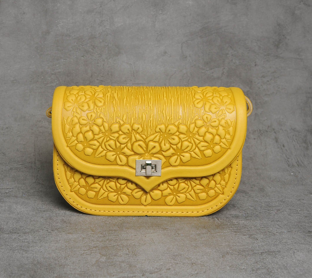 Yellow Shoulder Bag, Embossed Leather Crossbody Purse, Small Yellow Bag ...