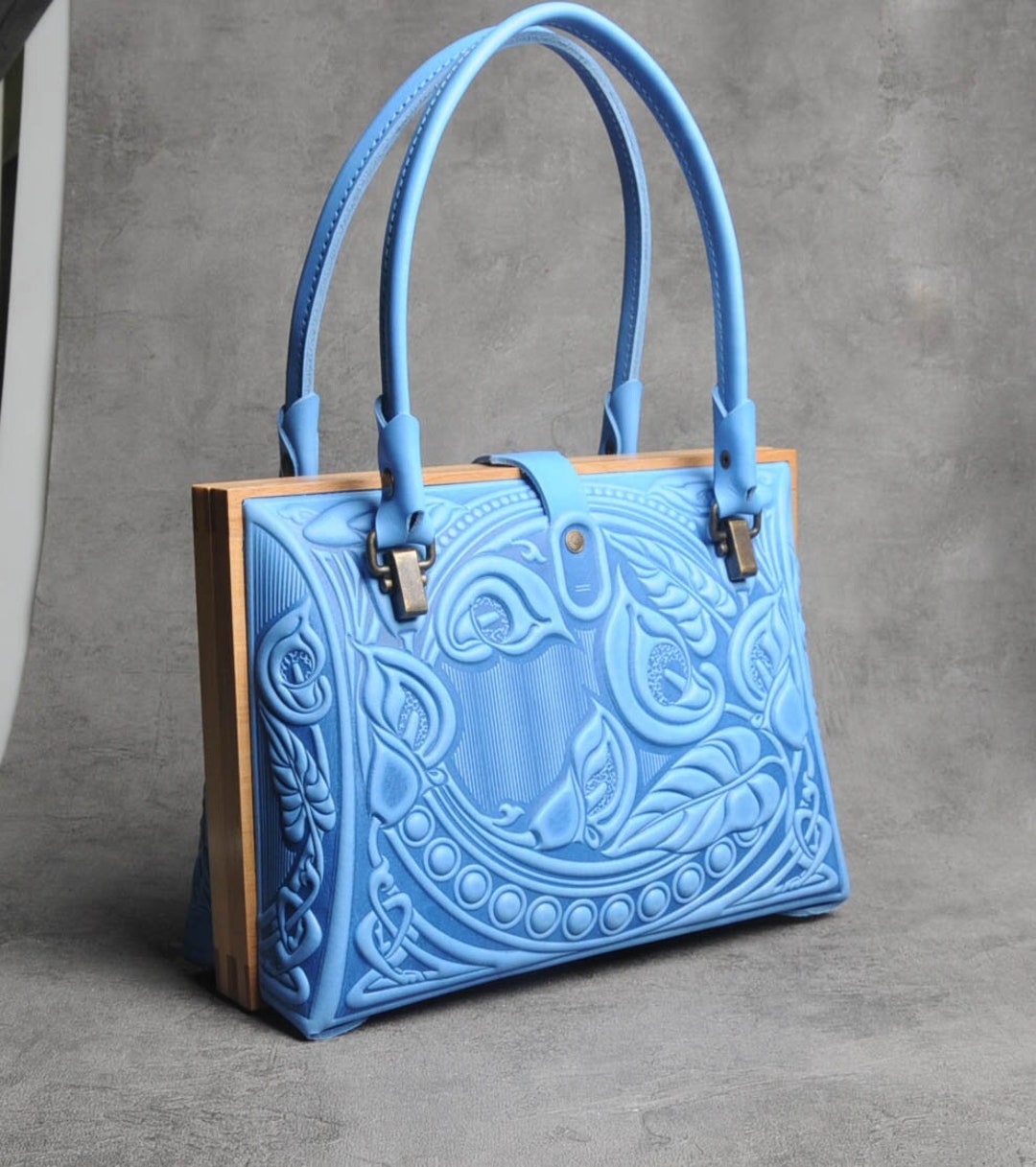 Light Blue Leather Evening Purse, Leather Purse With Wooden Frame ...