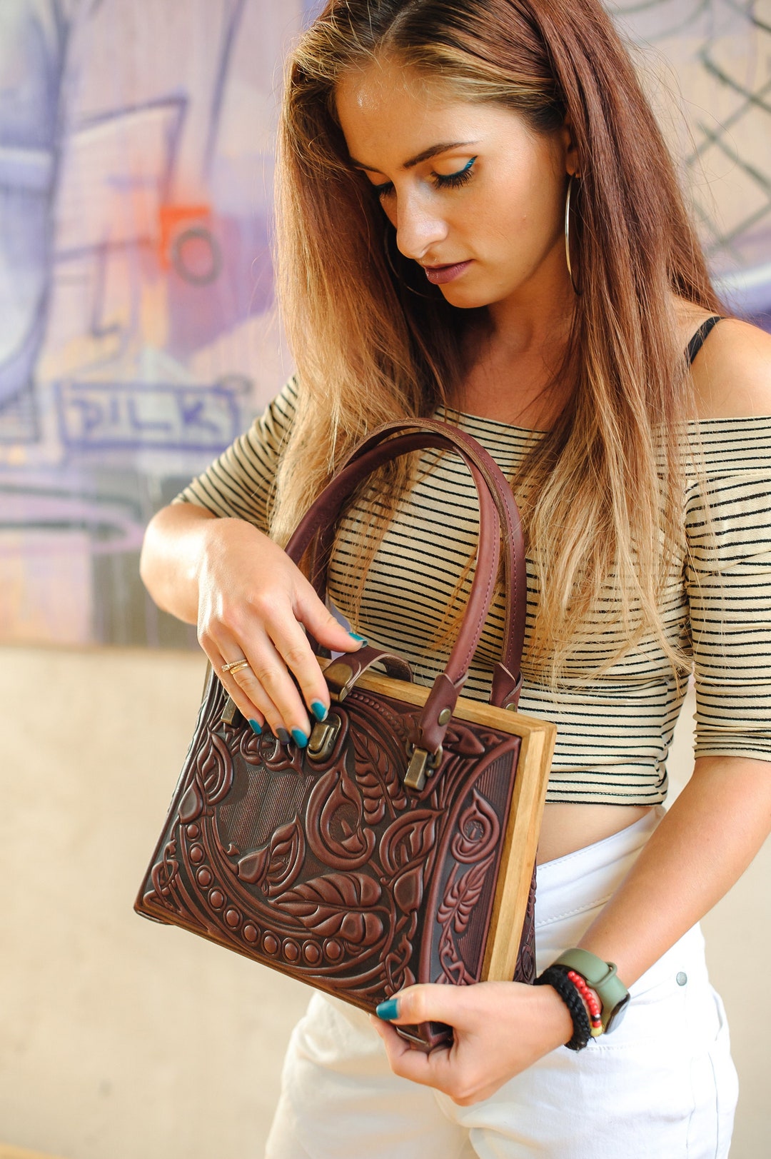 Bordeaux Leather Evening Purse, Leather Purse With Wooden Frame ...