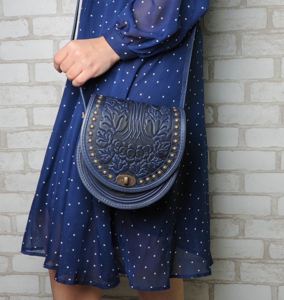 Blue Bag With Metal, Round Leather Bag, Embossed Bag, Blue Leather ...