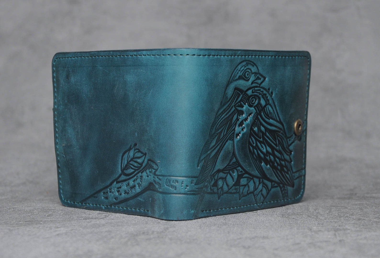 Leather wallet Birds embossed leather small wallet teal | Etsy
