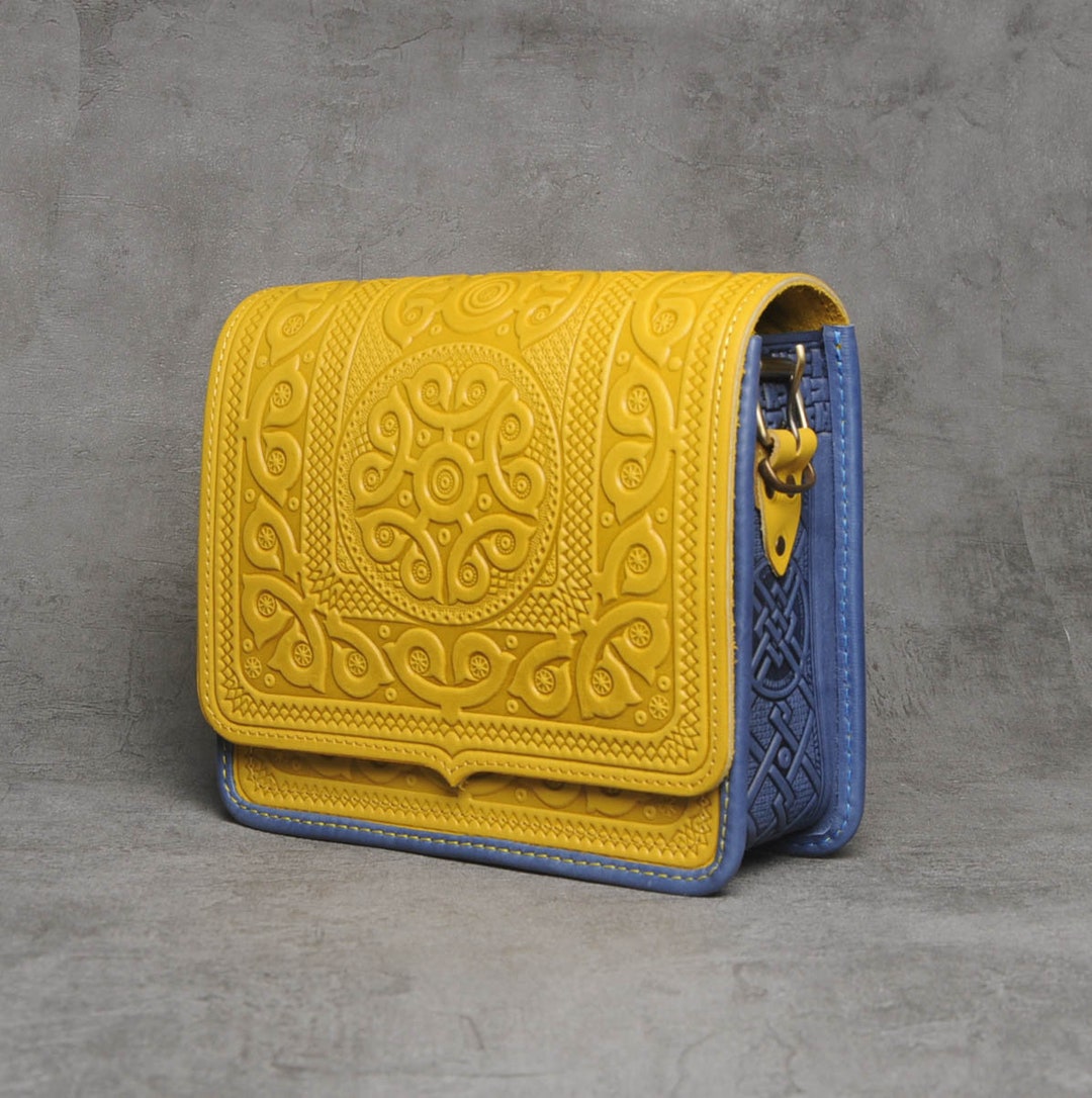 Big Leather Purse, Yellow Messenger Bag, Hot Tooled Purse, Yellow+blue ...