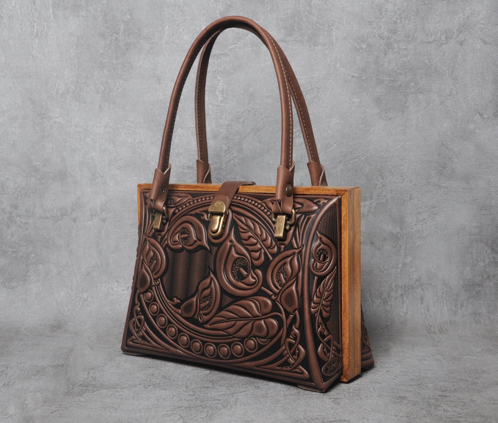 Brown leather evening purse leather purse with wooden frame | Etsy