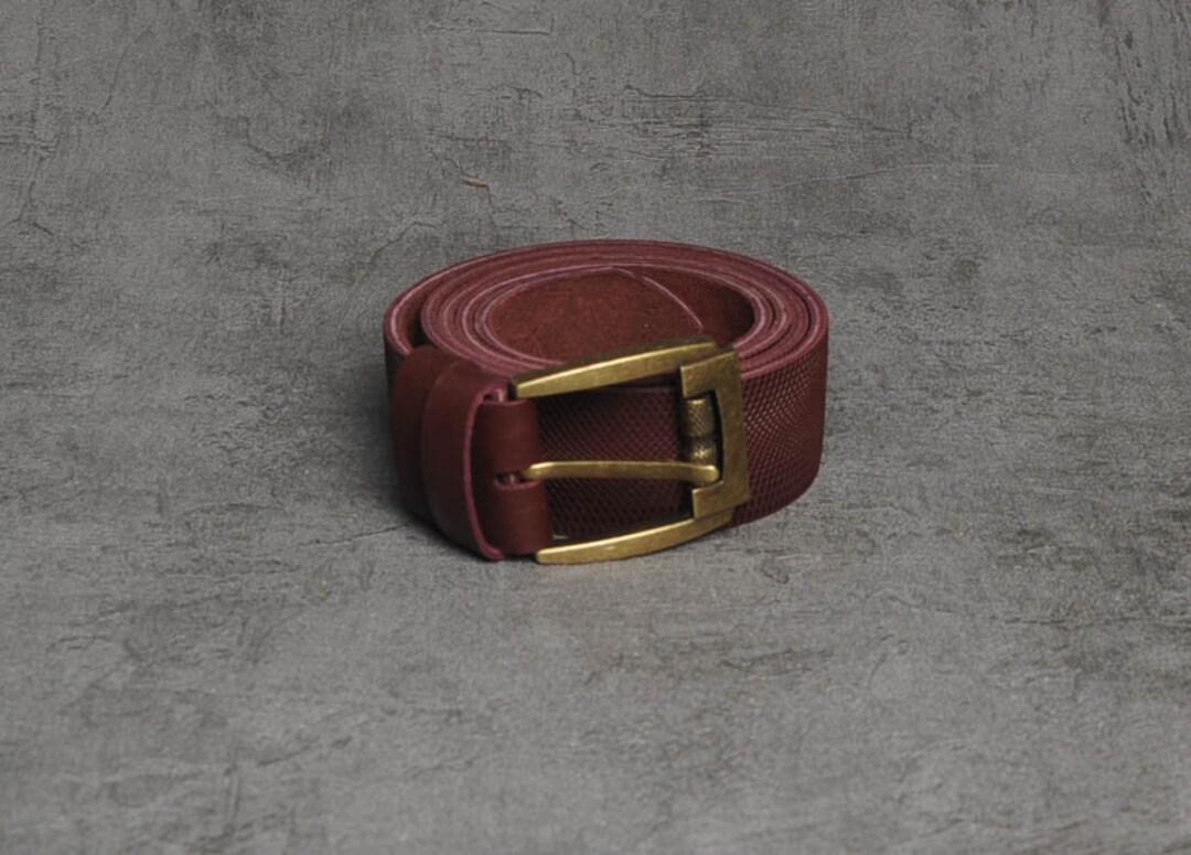 Burgundy Embossed Leather Belt, Bordeaux Leather Belt, Genuine Leather ...