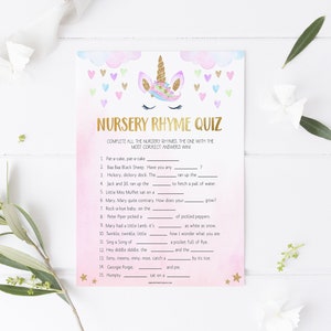 Unicorn Baby Shower Nursery Rhyme Quiz Printable Baby Shower - Etsy UK