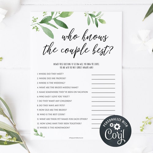 Editable Same Sex Bridal Shower Game Who Knows Couple Best Etsy