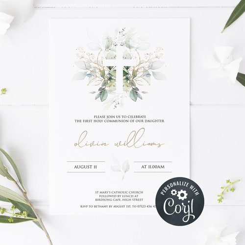First Holy Communion Invitation Template Greenery Watercolor - Etsy