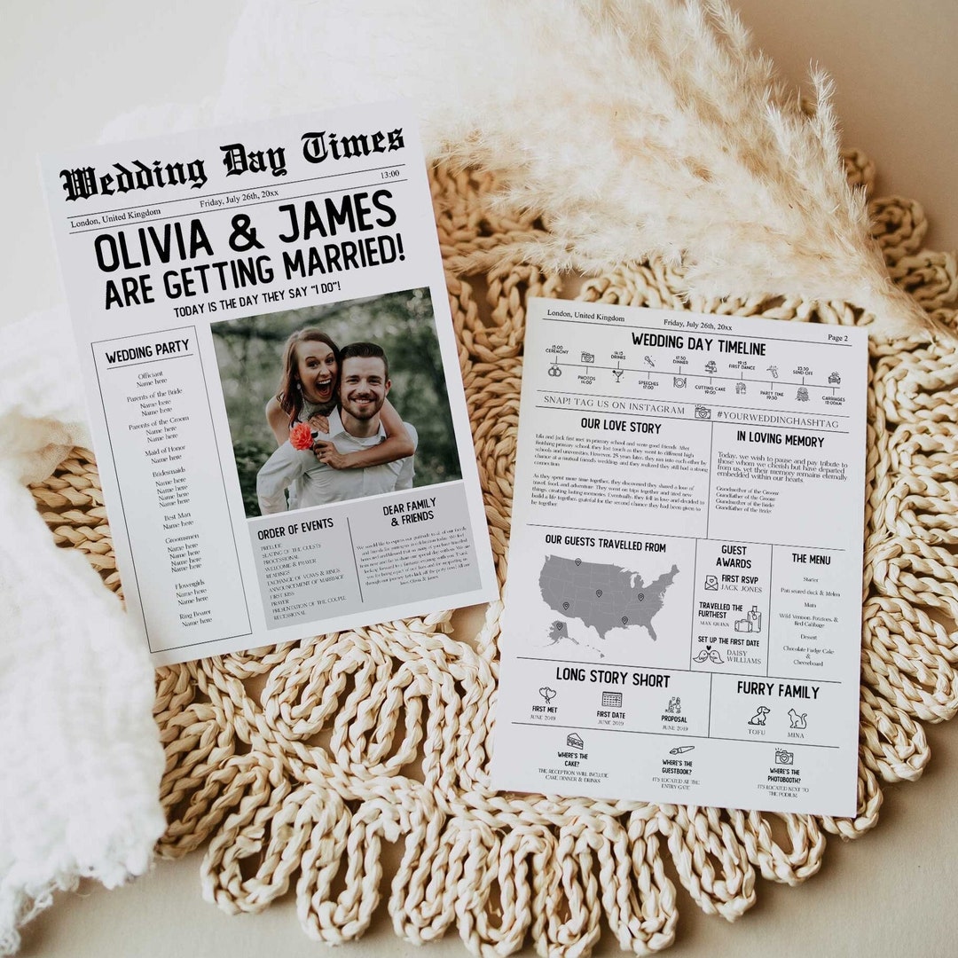 Editable Newspaper Wedding Program Template, Modern Editable Wedding ...