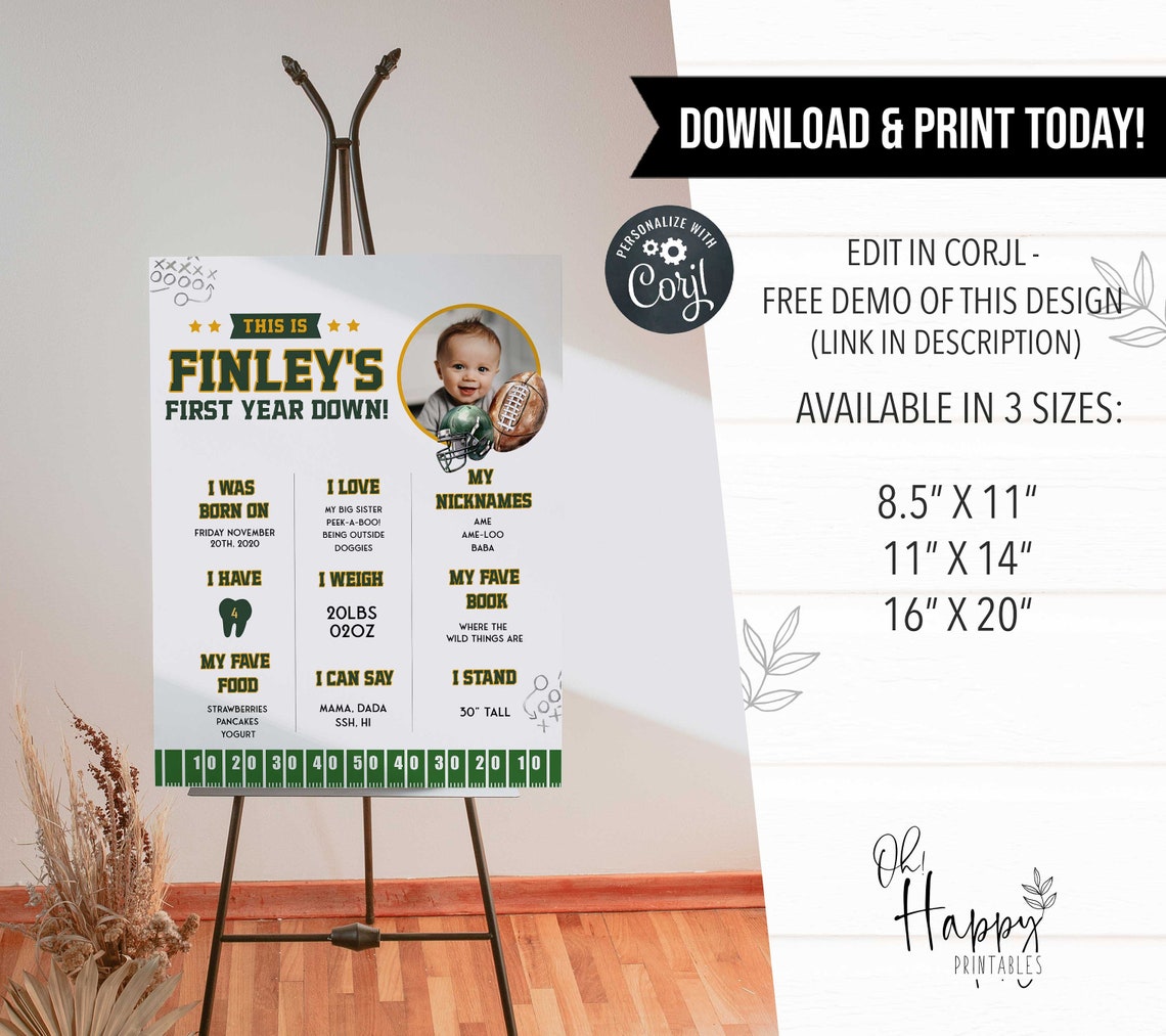 My First Down 1st Birthday Poster, My First Year Milestone Poster ...