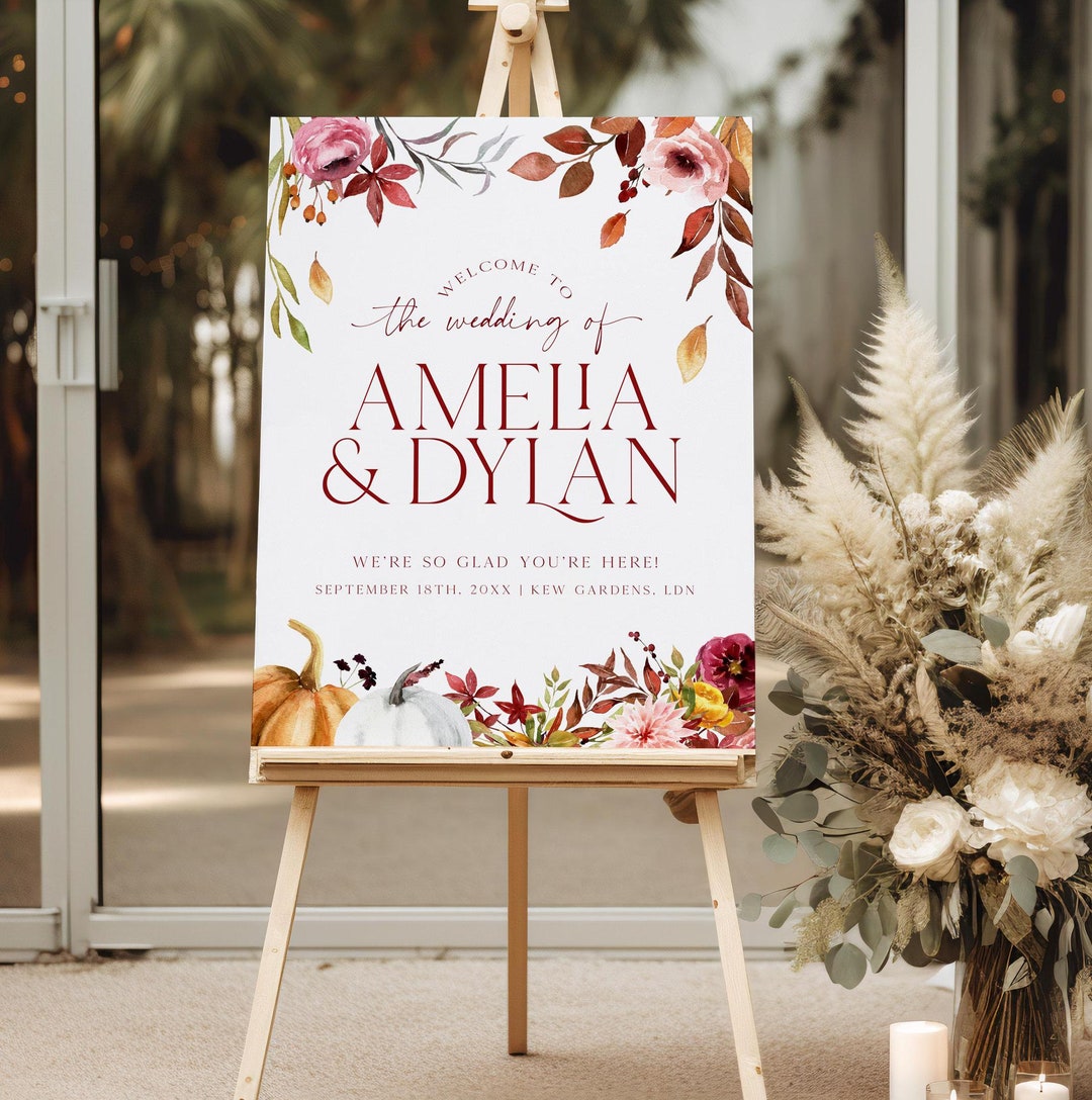 Fall Wedding Welcome Sign Board, Printed + Shipped, Personalised Autumn ...