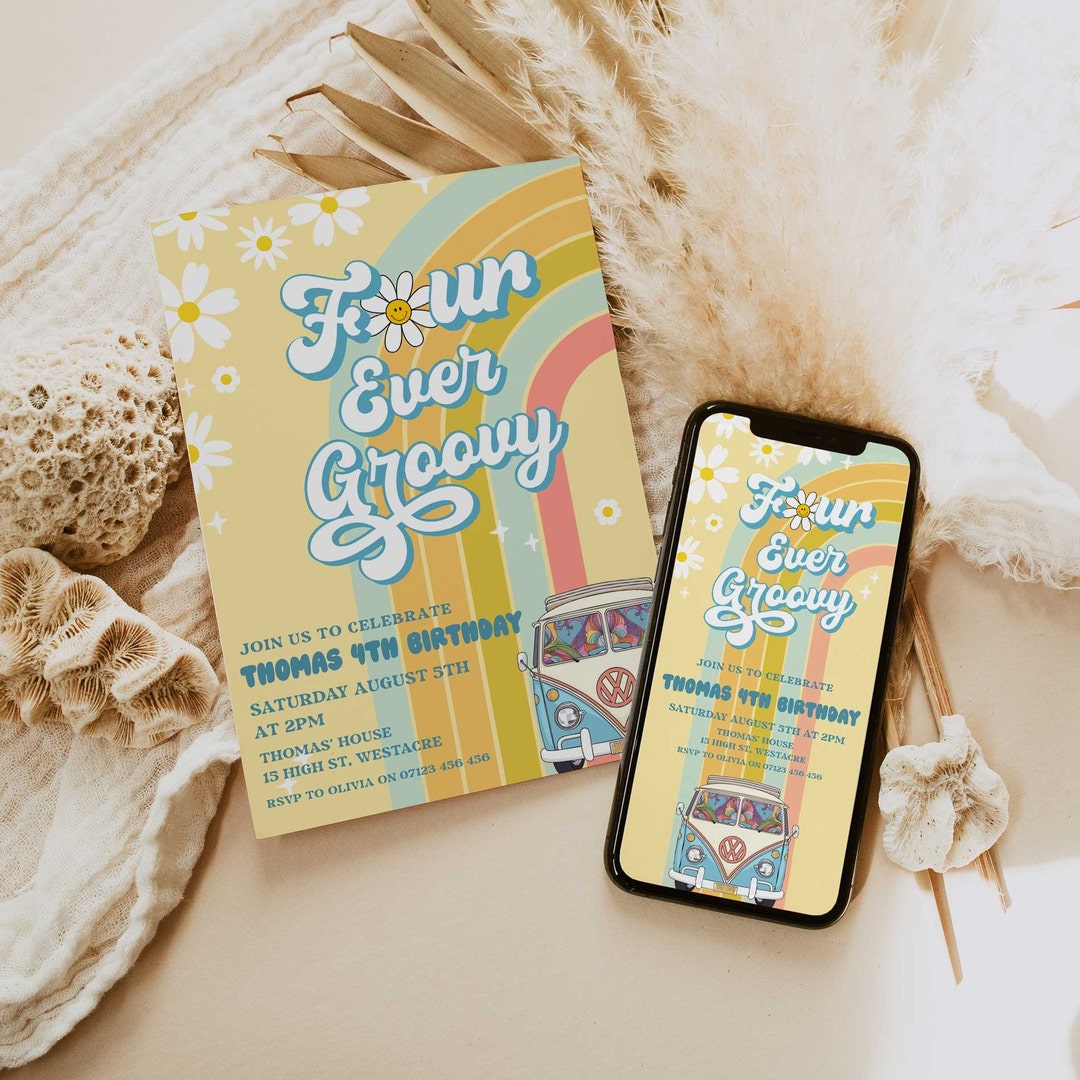 Four Ever Groovy Birthday Invitation, Blue Van Rainbow, Groovy 4th ...