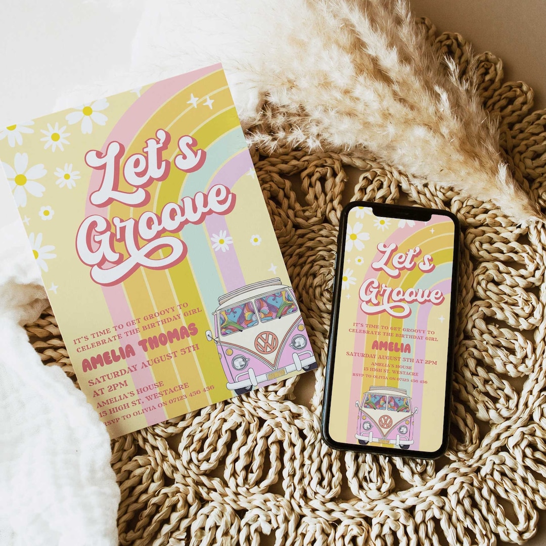 Lets Groove Birthday Invitation, Pink Van Rainbow, Groovy 4th Birthday ...