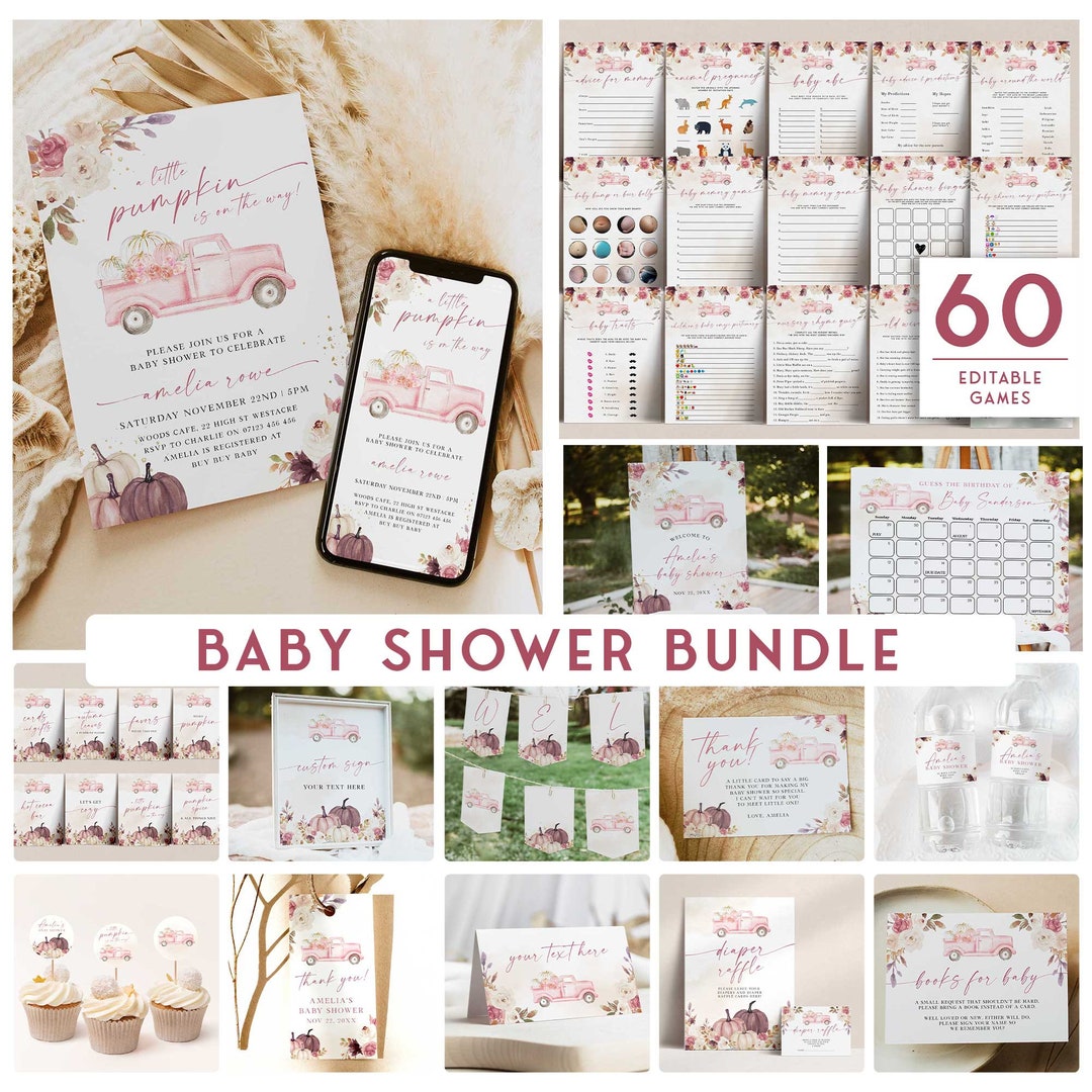 Fall Pumpkin Baby Shower Bundle, Baby Shower Invitation Bundle, Pink ...