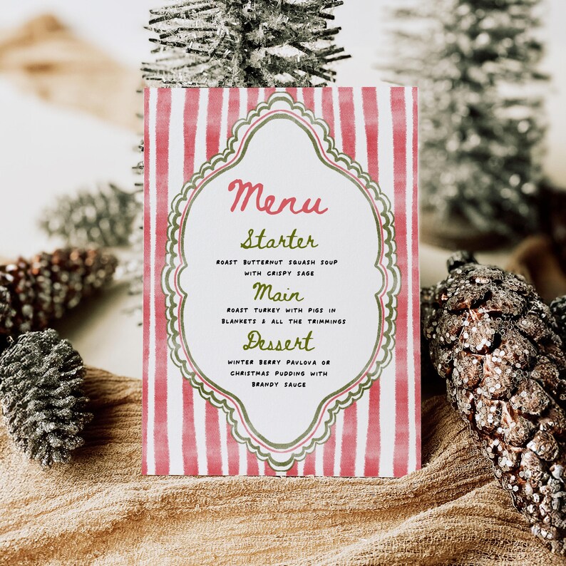 Red Christmas Dinner Menu Template, Friendsmas Holiday Party Menu Card ...