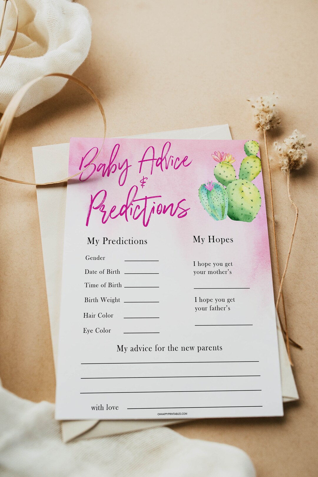 Cactus Baby Shower, Baby Advice & Predictions Game, Printable Baby ...
