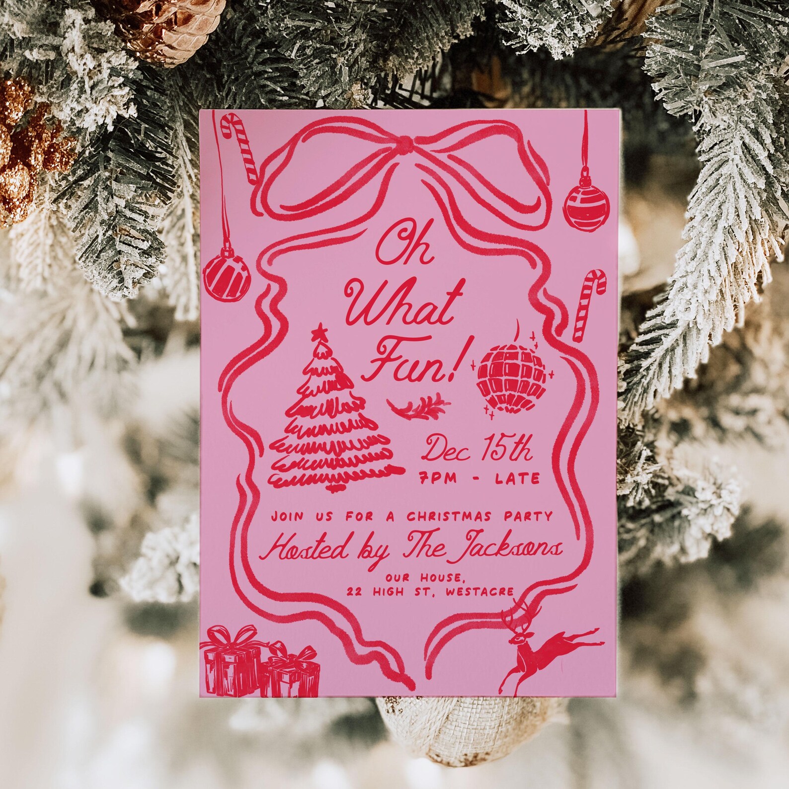 Pink Christmas Party Invitation Template, Hand Drawn Holiday Party ...