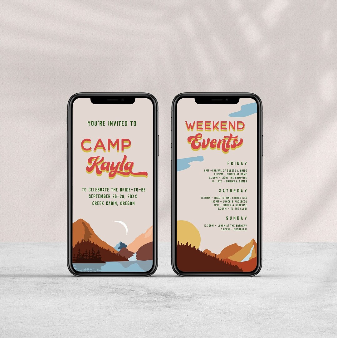 PINE Retro Camp Bachelorette Invitation, Digital Phone Invite, Camping ...