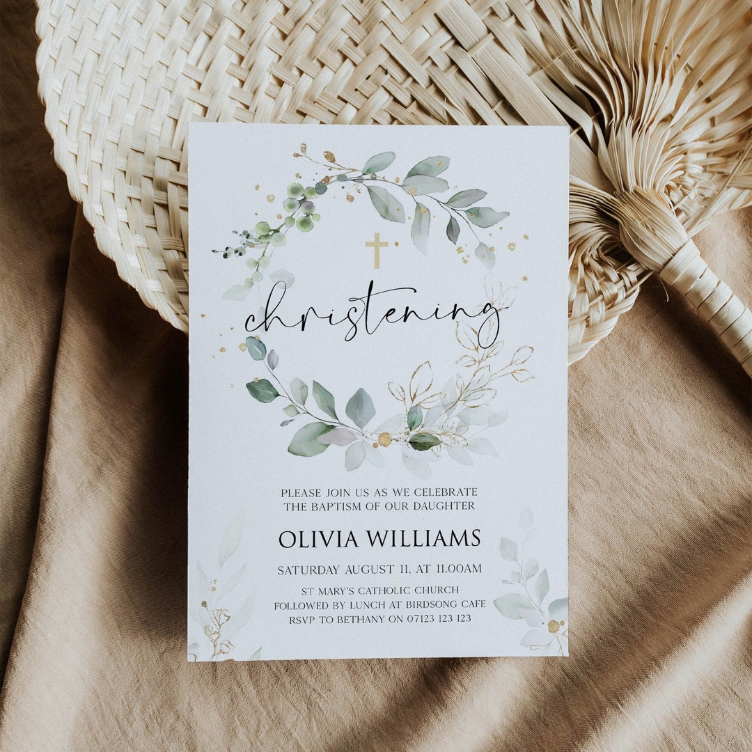 EDITABLE Christening Invitation Template, Gold Greenery, Printable ...