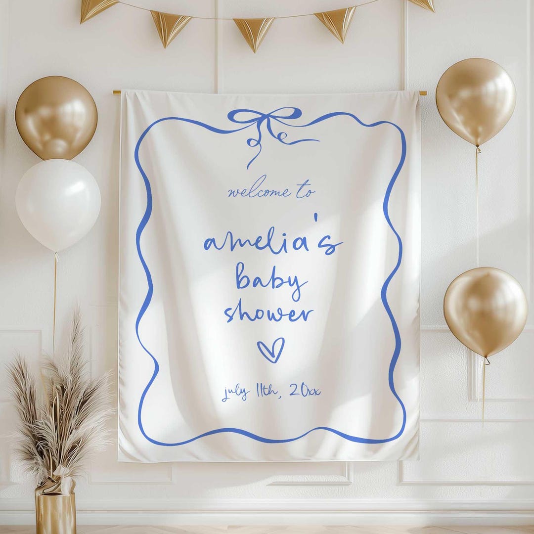 Blue Bow Baby Shower Backdrop, Printed Baby Shower Welcome Sign, Hand ...