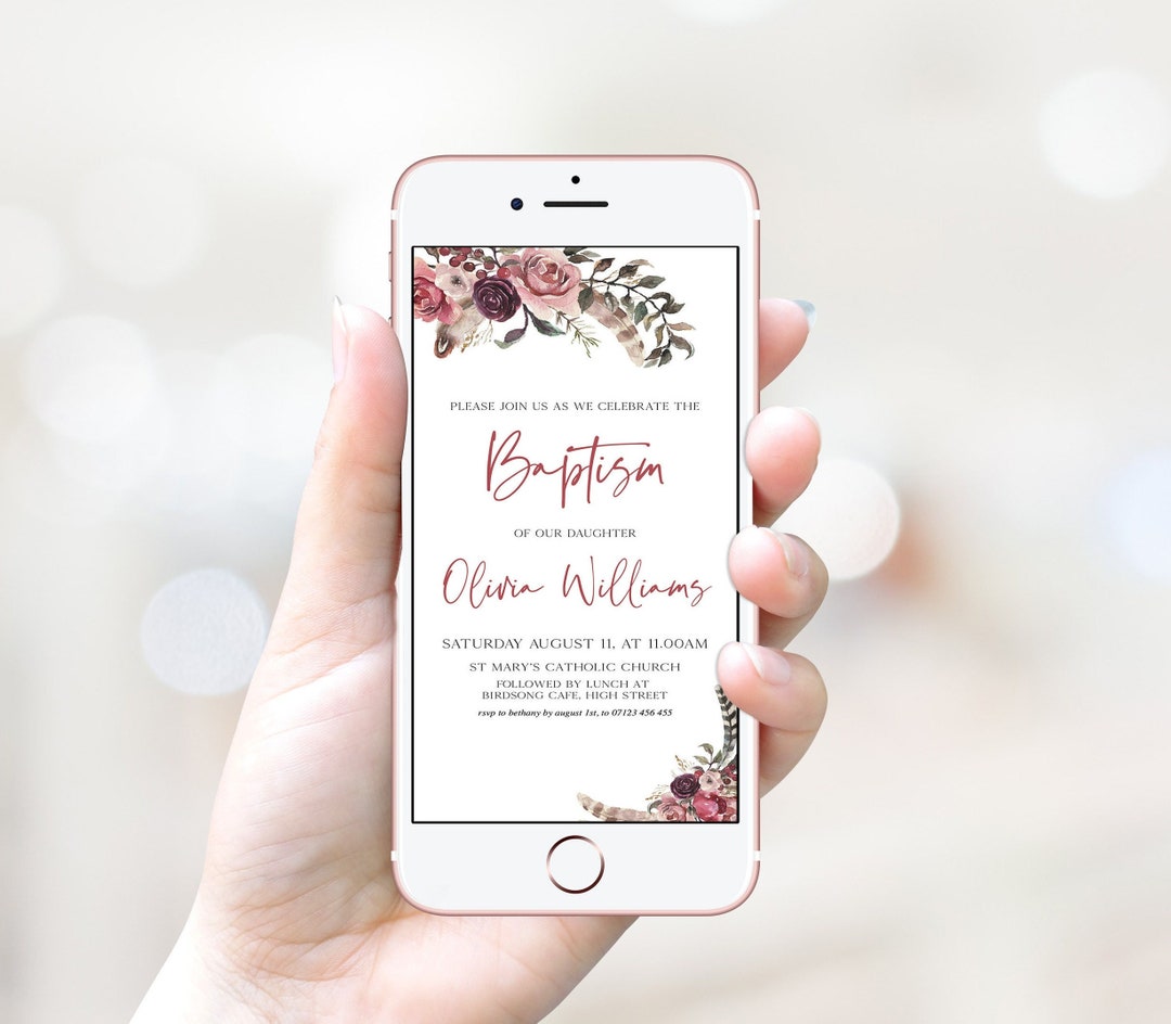 DIGITAL Baptism Invitation Template, Electronic Invite, Boho Floral ...