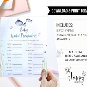 Whale Baby Shower, Baby Word Scramble Game, Printable Baby Shower Games ...
