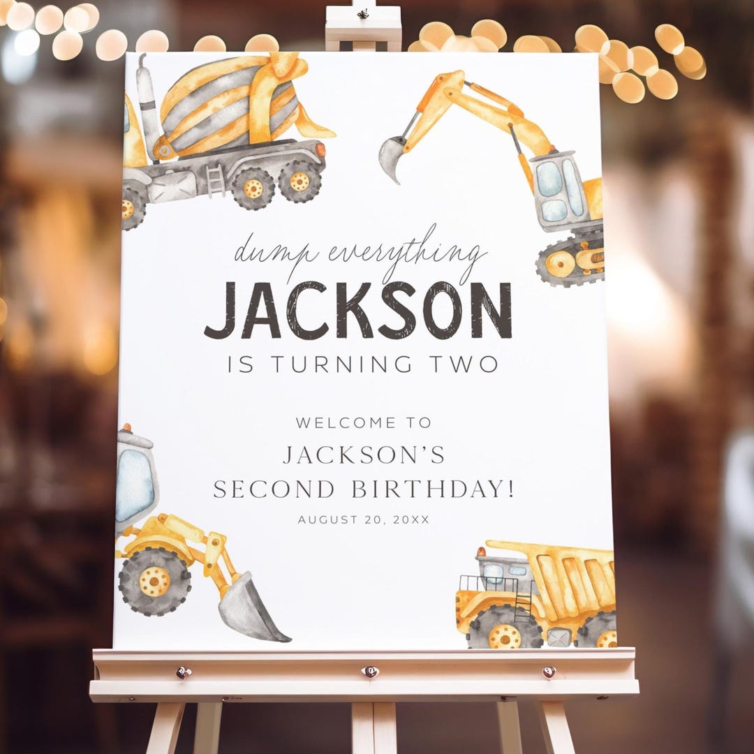 Construction 2nd Birthday Welcome Sign Editable Canva Template ...