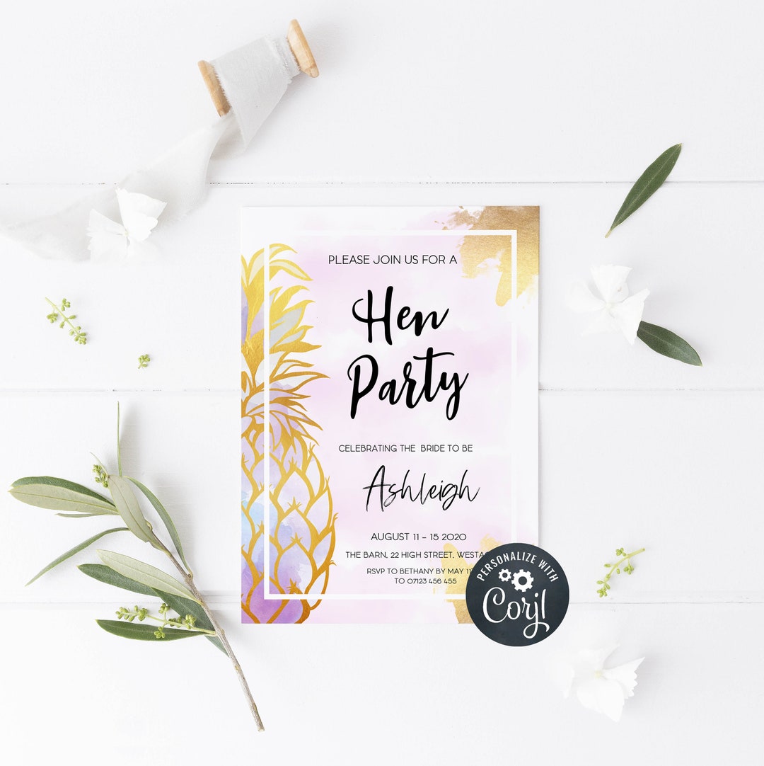 EDITABLE Hen Party Invitation Set, Gold Pineapple, Hen Party Invite ...
