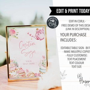 EDITABLE Tea Party Custom Sign, Par-tea Whimsical Floral Sign Template ...