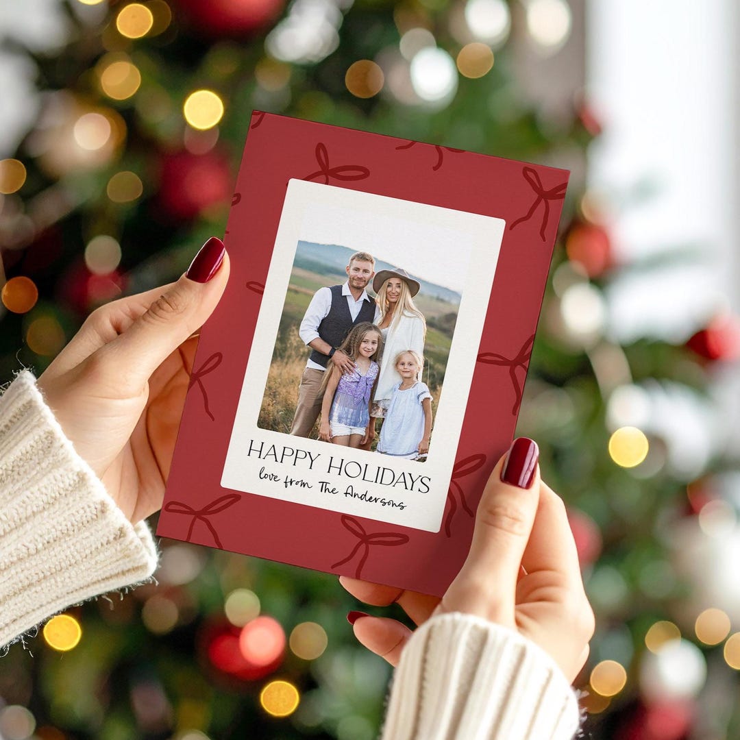 Red Bow Holiday Photo Card Template, Red Bow Christmas Greetings Card ...