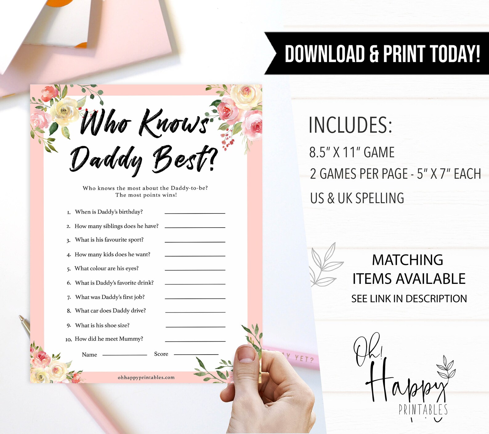 Floral Baby Shower Who Knows Daddy Best Game Printable Baby - Etsy