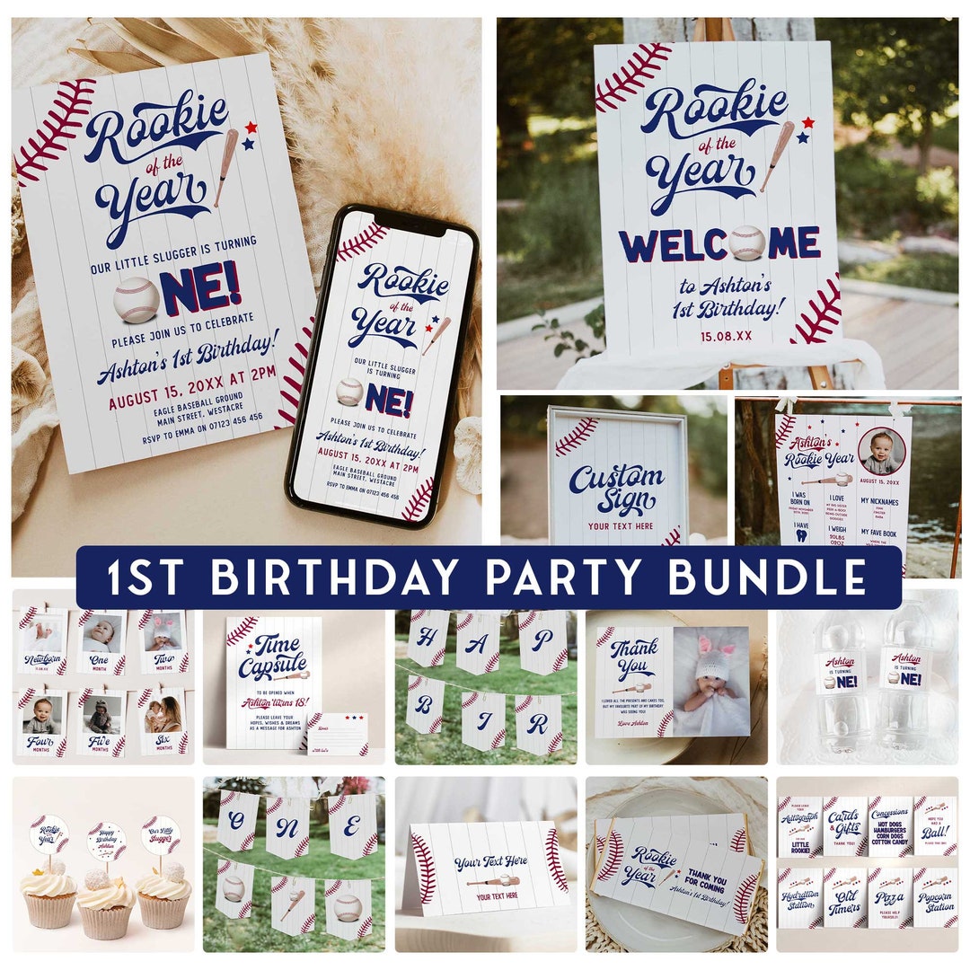 Rookie of the Year FIRST BIRTHDAY Party Bundle, Editable Baseball 1st ...