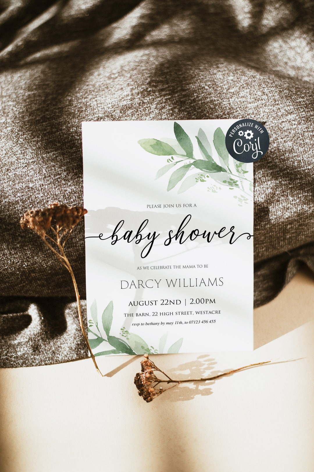 EDITABLE Greenery Baby Shower Invitation, Baby Shower Invite Template ...