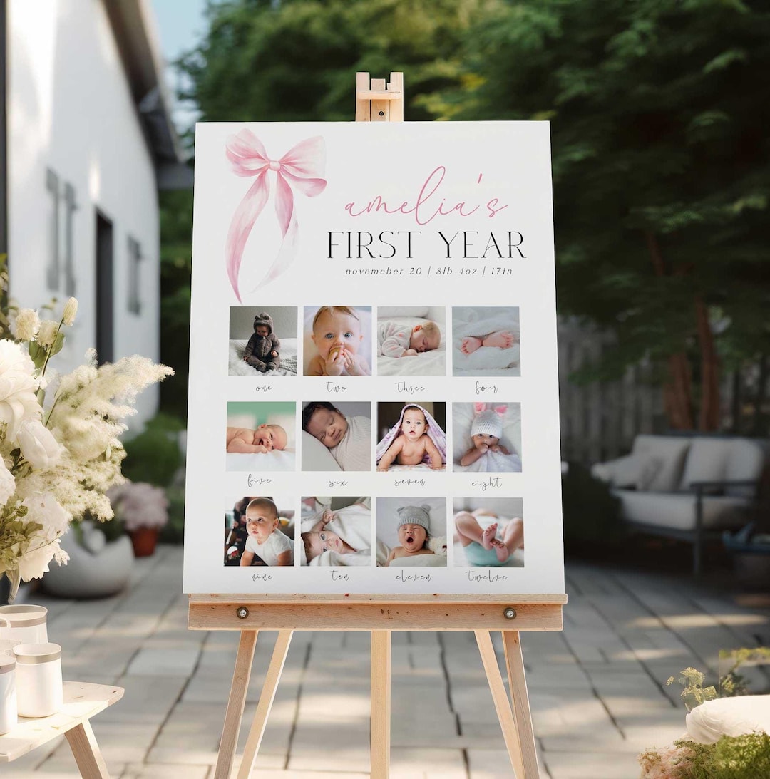 Pink Bow 1st Birthday Milestone Photo Poster, My First Year Pink Bow ...