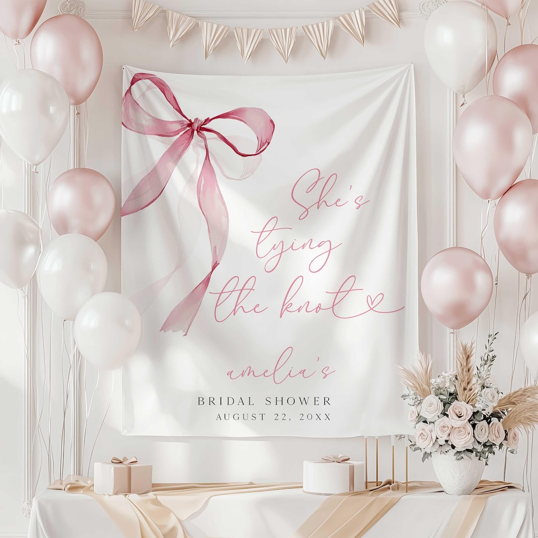 She’s Tying the Knot Bridal Shower Welcome Backdrop, Pink Ribbon Bridal ...