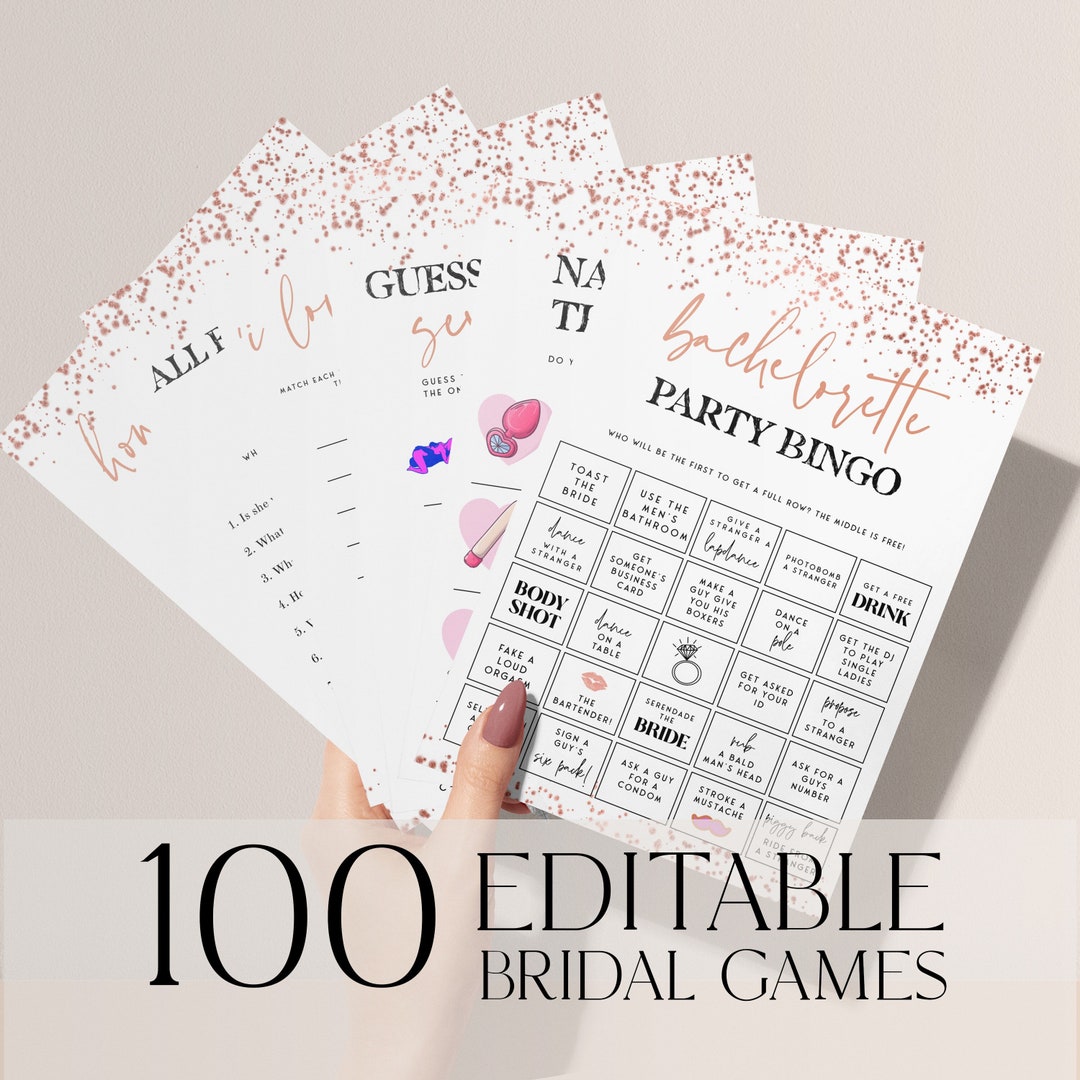 100 Bachelorette Games Bundle, Rose Gold Bachelorette Party Games ...