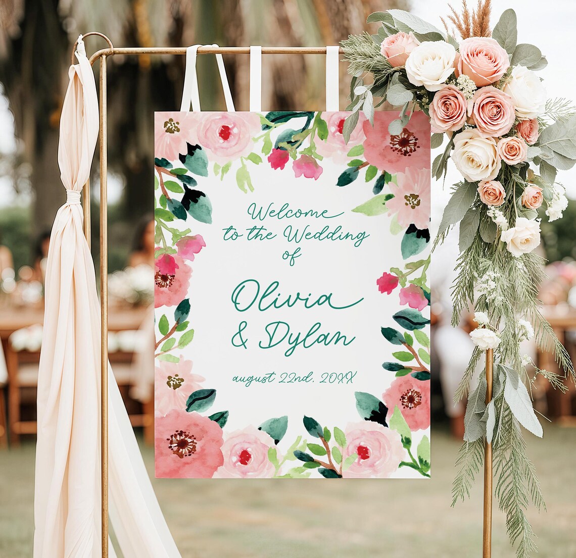 Hand Drawn Wedding Welcome Sign, Colourful Spring Floral Wedding ...
